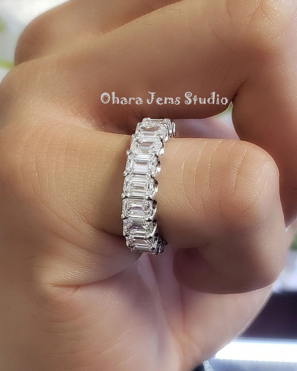 Emerald Cut Full Eternity Band/ Full Eternity Wedding Band/ 925 Silver ...