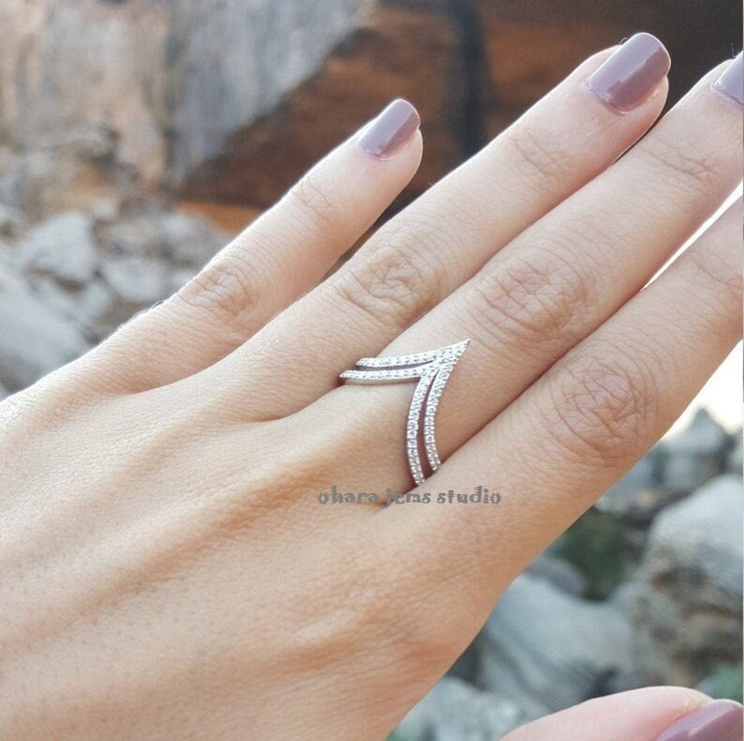 V Shaped Ring, Double V Shape Ring, Moissanite Diamond Ring, Wedding ...