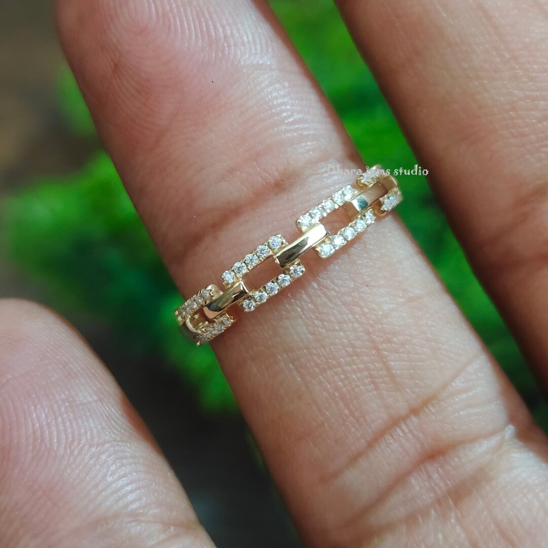 14K Solid Gold Chain Link Moissanite Ring, Minimalist Stacking Chain ...