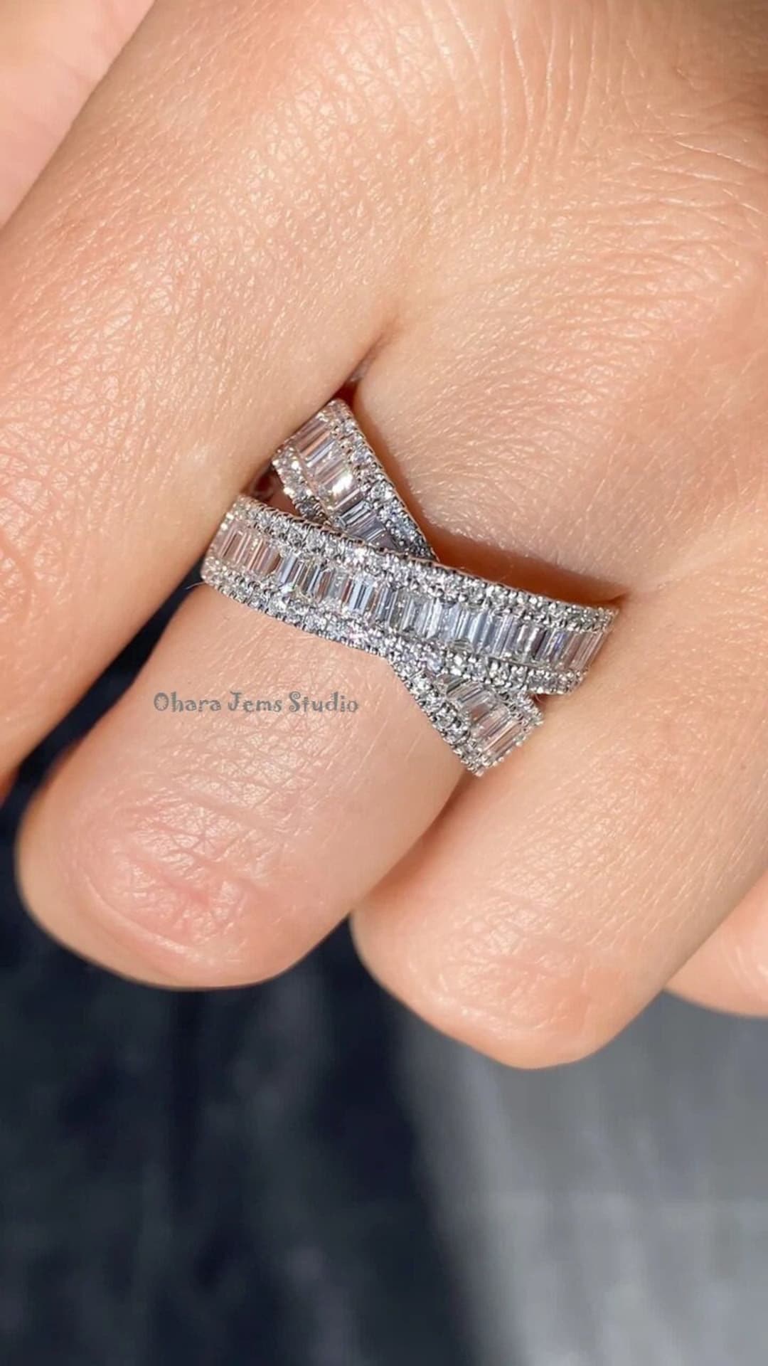 Estate Baguette Cut Criss Cross Ring Cocktail Ring High Brilliant Diamond Ring Baguette ...