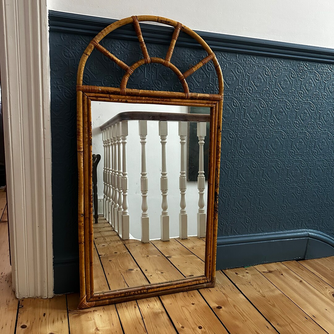 Rare 1970s Large Bamboo Cane Framed Mirror Mid Century Vintage Wicker ...