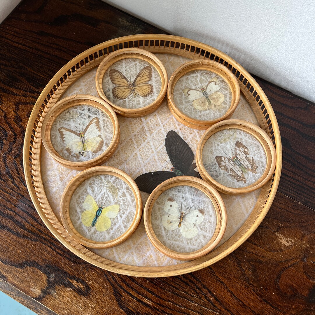 Vintage Round Wooden Decorative Butterfly Tray and Coaster Set ...