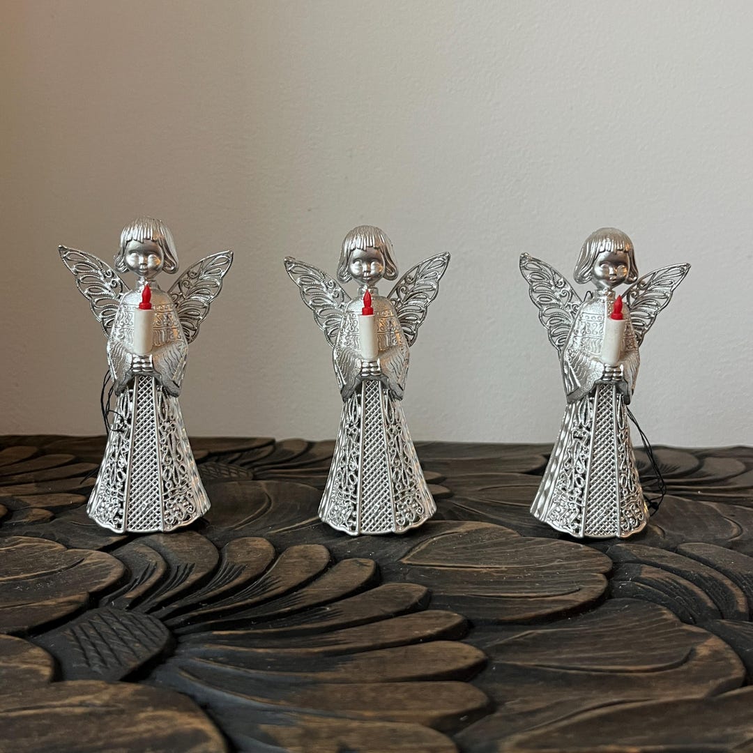 3 Vintage Kitsch Standing Silver Angels With Candles, Mid Century ...