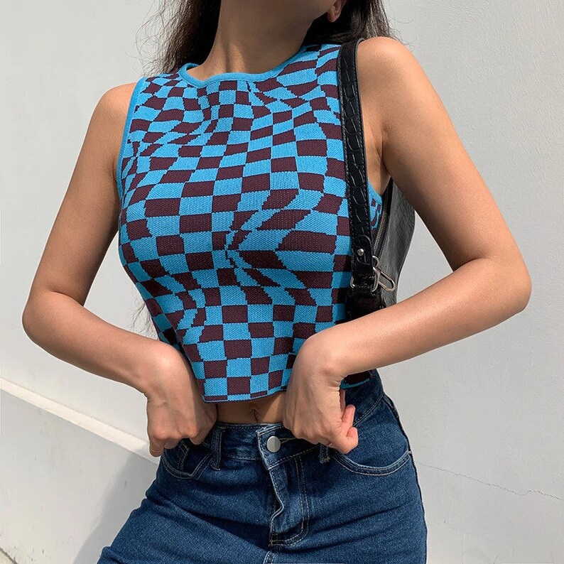 Y2k Aesthetic Knit Crop Top Sleeveless Tank Top Checker Plaid Etsy
