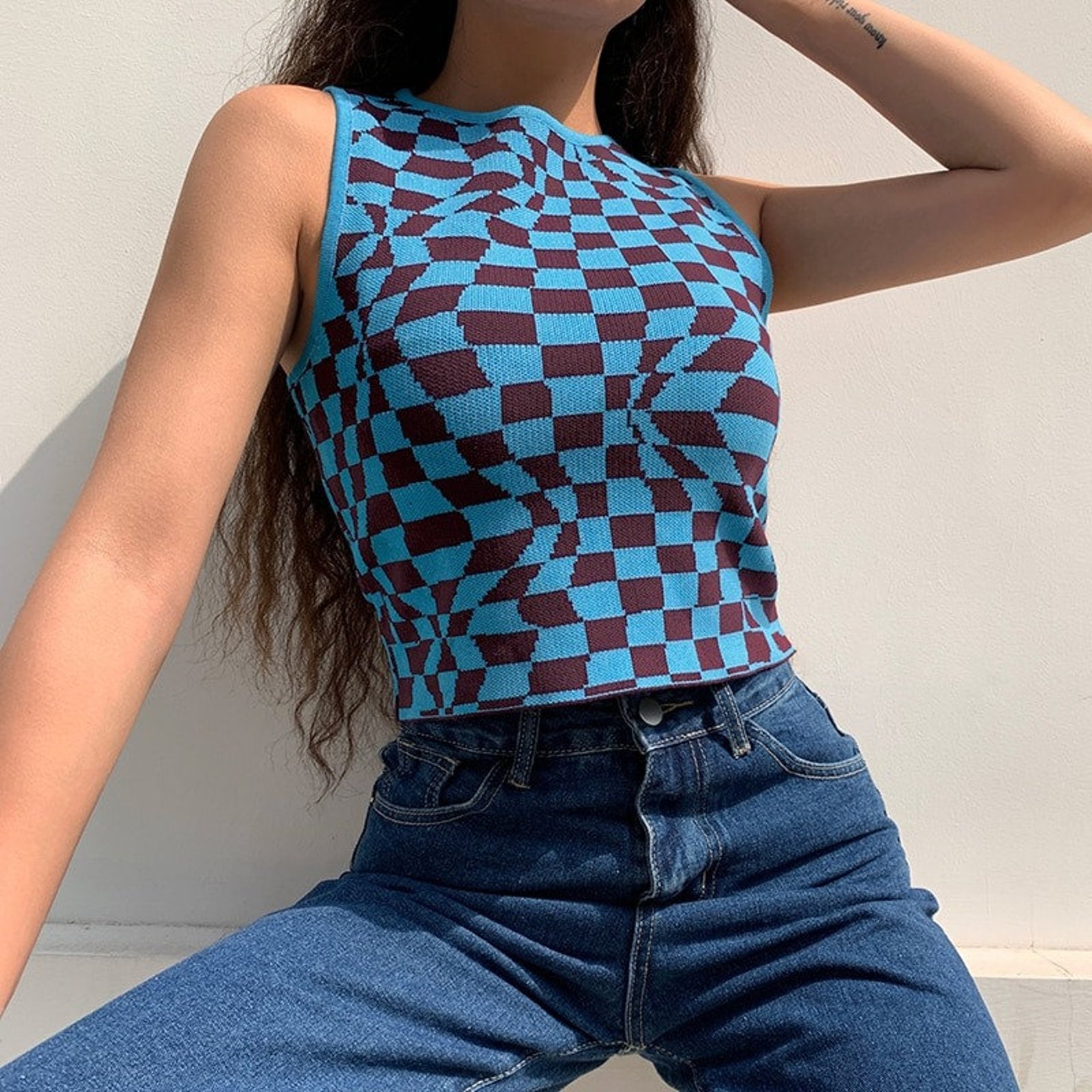 Y2k Aesthetic Knit Crop Top Sleeveless Tank Top Checker Plaid Etsy