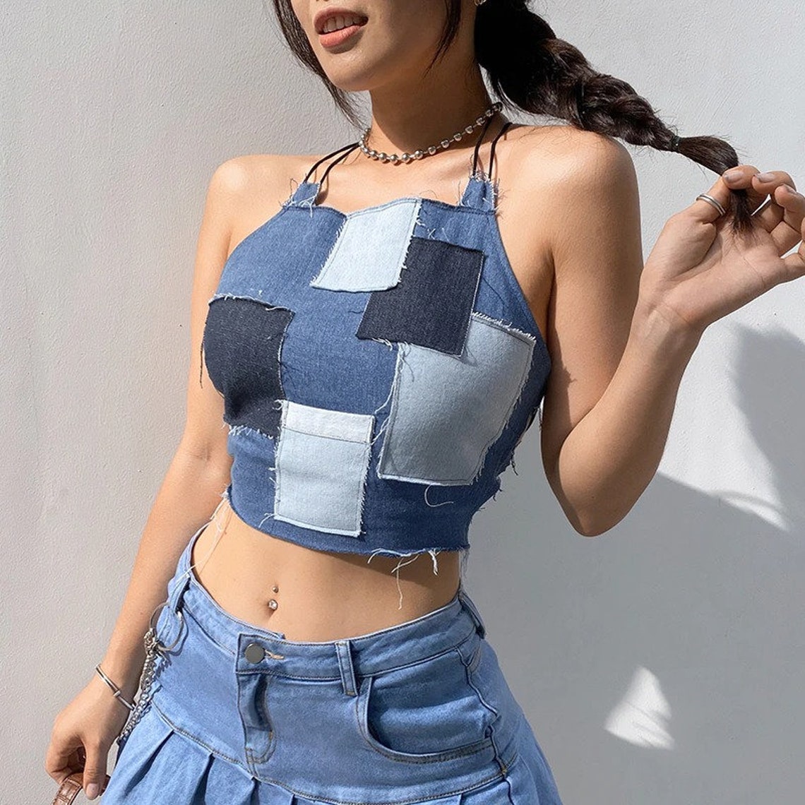 Aesthetic Cute Denim Tank Top Halter Top Rave Crop Top Cropped Etsy