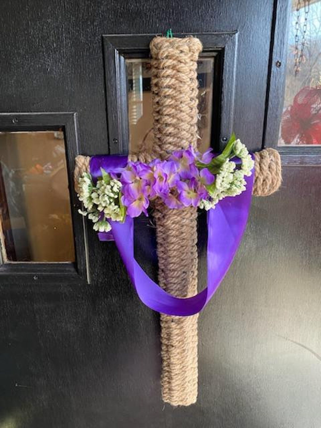 Cross Shaped Wreath Wrapped With Braided Rope and Draped With Purple ...