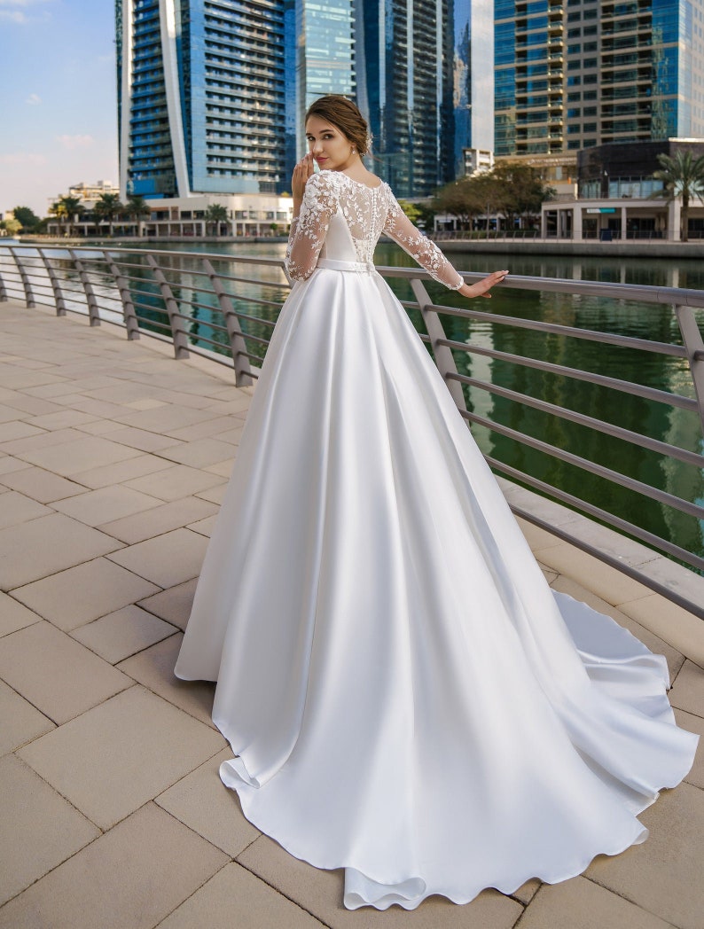 Modest Wedding Dress Satin Wedding Dress Long Sleeve Wedding - Etsy