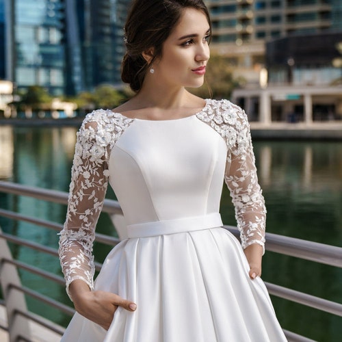 Modest Wedding Dress Satin Wedding Dress Long Sleeve Wedding - Etsy