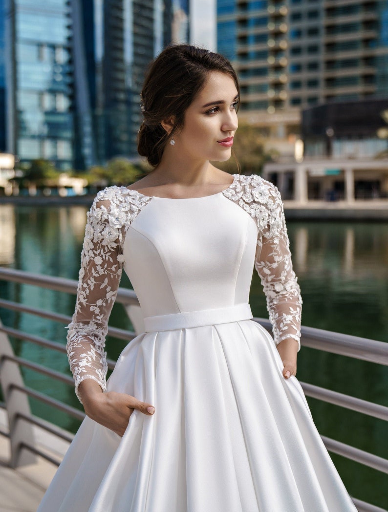 Modest Wedding Dress Satin Wedding Dress Long Sleeve Wedding - Etsy