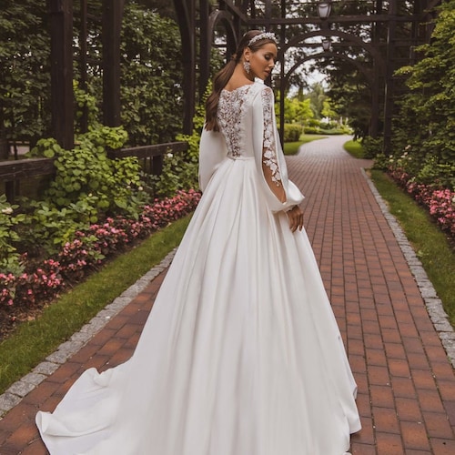 Modest Wedding Dress Satin Wedding Dress Long Sleeve Wedding - Etsy