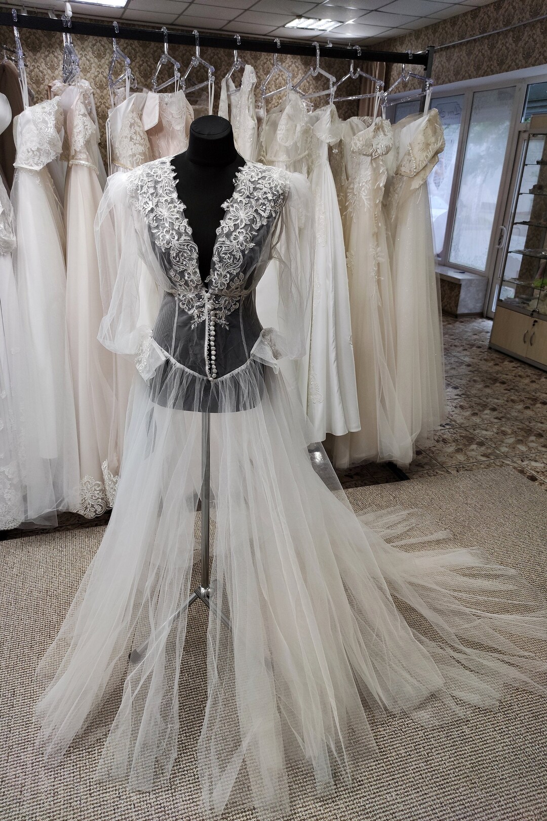 Long Sheer Lace Bridal Robe, Sexy Maxi Boudoir Dressing Gown, Floor ...