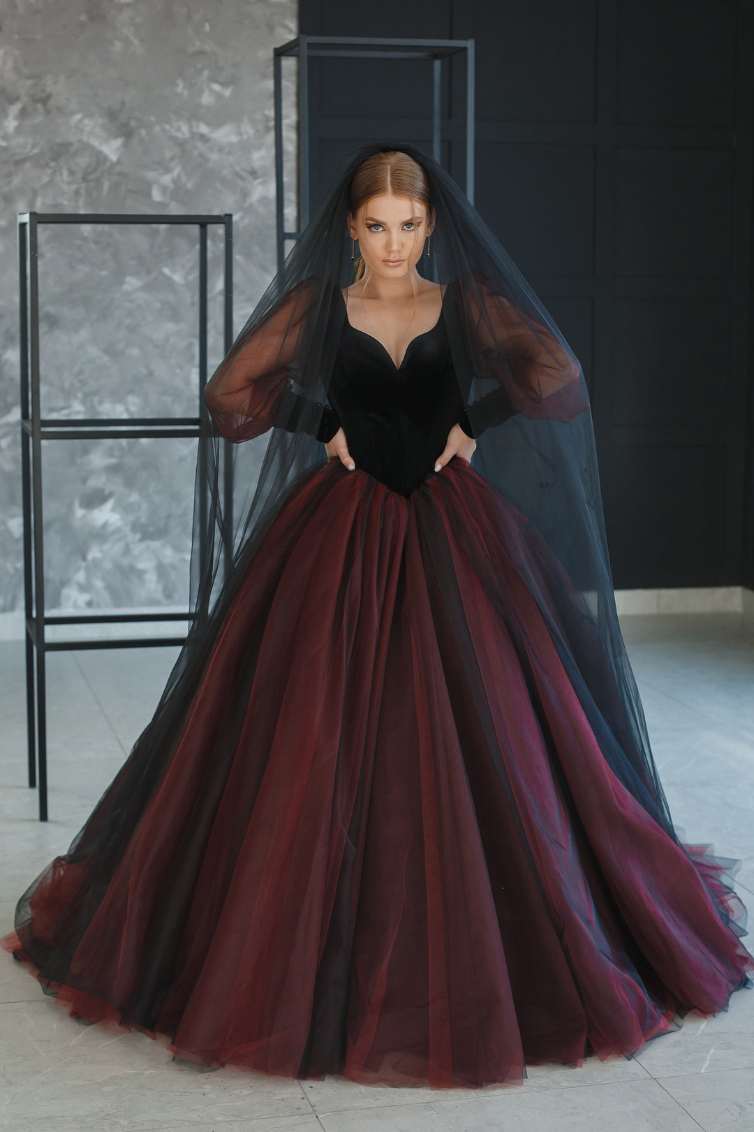 Gothic Black Wedding Dress,halloween Black Wedding Dress, Long Sleeve Elegant Wedding Dress ...