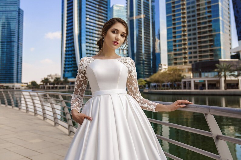 Modest Wedding Dress Satin Wedding Dress Long Sleeve Wedding - Etsy