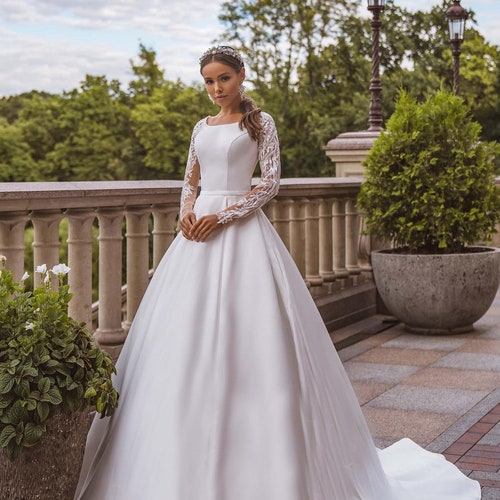 Modest Wedding Dress Satin Wedding Dress Long Sleeve Wedding - Etsy