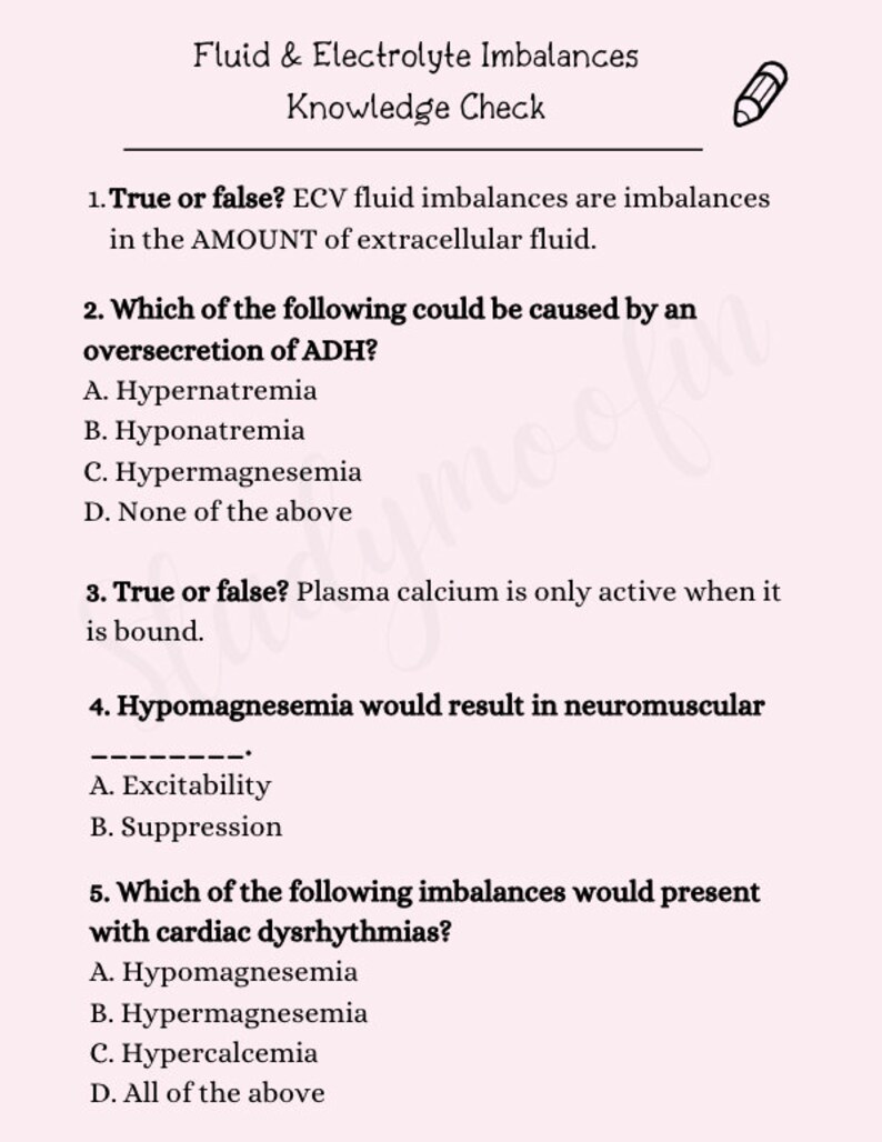 Pathophysiology Fluid And Electrolyte Imbalances Notes Bundle With Knowledge Check Etsy