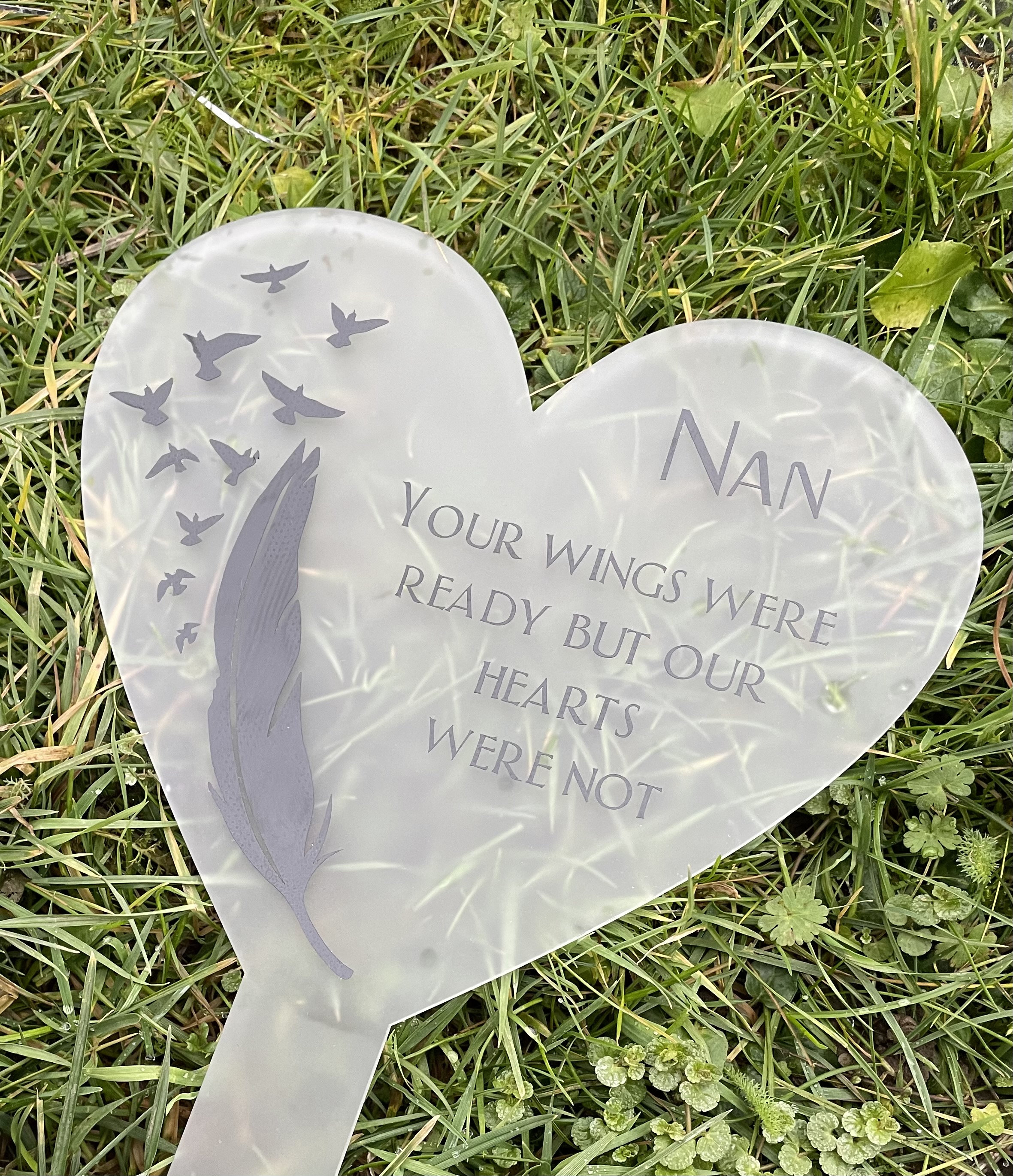 Personalised Acrylic Heart Grave Marker Feather Design - Etsy