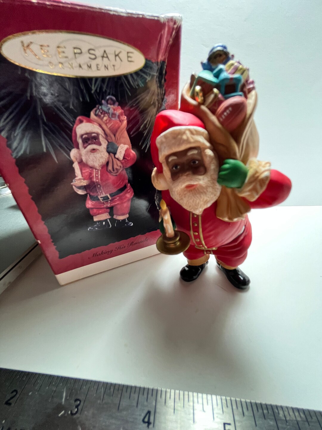Rare Keepsake Santa With Heavy Bag on Shoulder and He Stands or Hangs ...