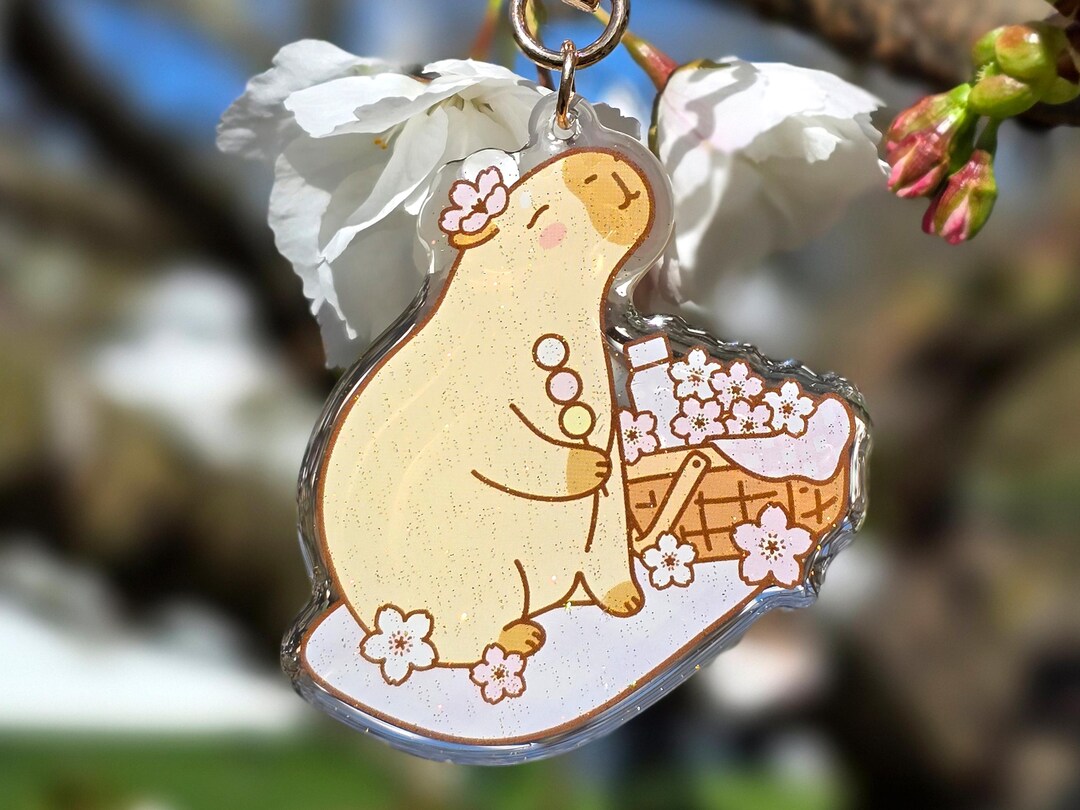 Sakura Capybara Picnic Keychain - Epoxy Glitter Cherry Blossom Kawaii ...