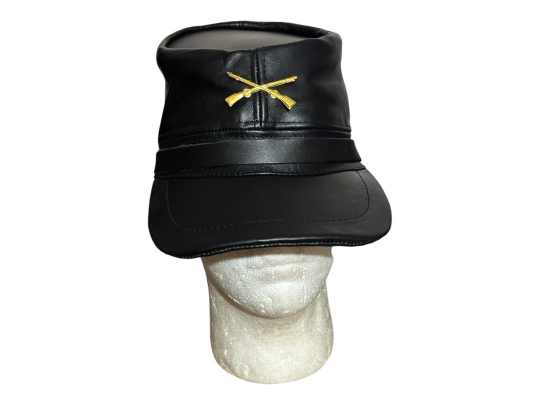 Civil WAR Real Cowhide Black Leather KEPI-HAT Adjustable Free Size Cap ...