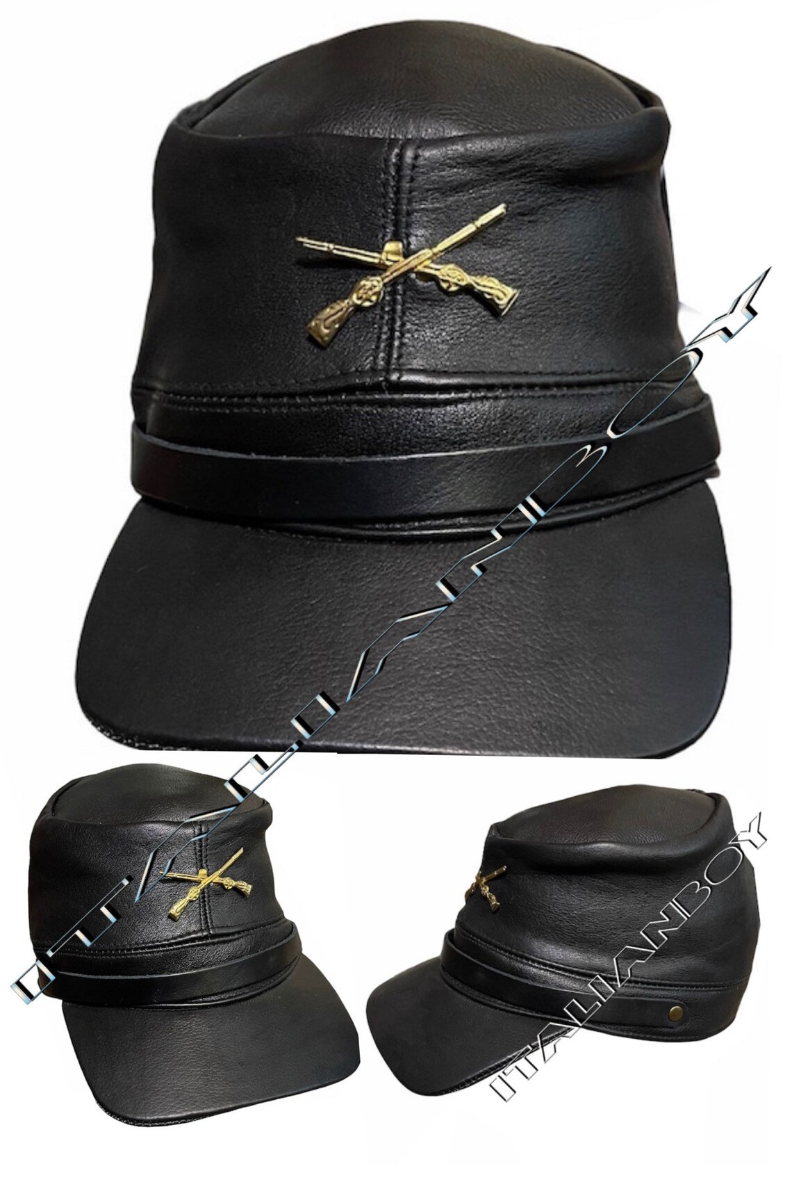 Black Civil WAR KEPI-HAT Adjustable Free Size Cap 100% Real Cowhide ...