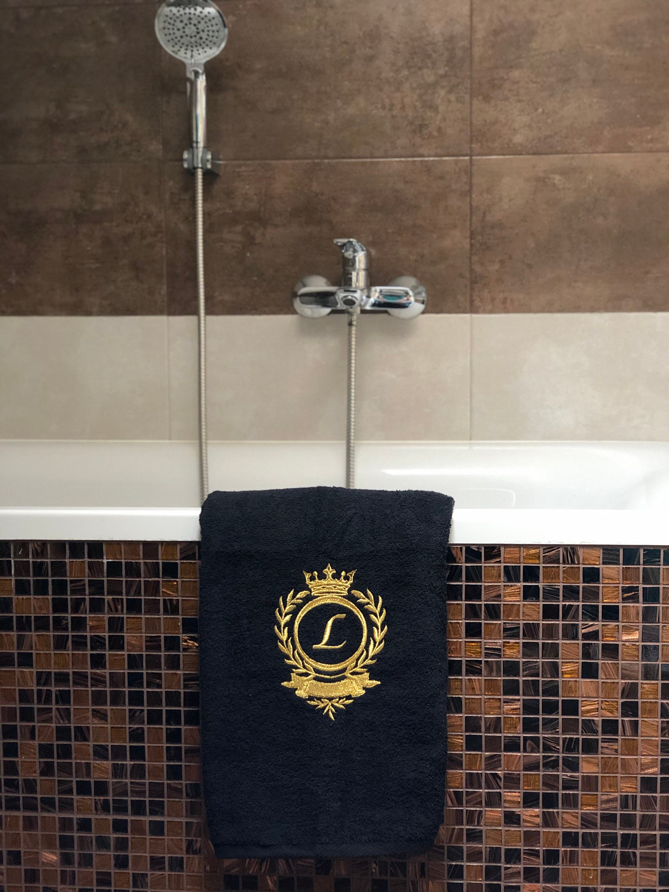 Black Bath Towel Set With Logo or Initials / Monogrammed | Etsy