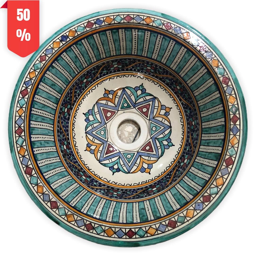 Green Hand Sink Washbasin Ceramic Handmade Hand Painted Moroccan Round ...