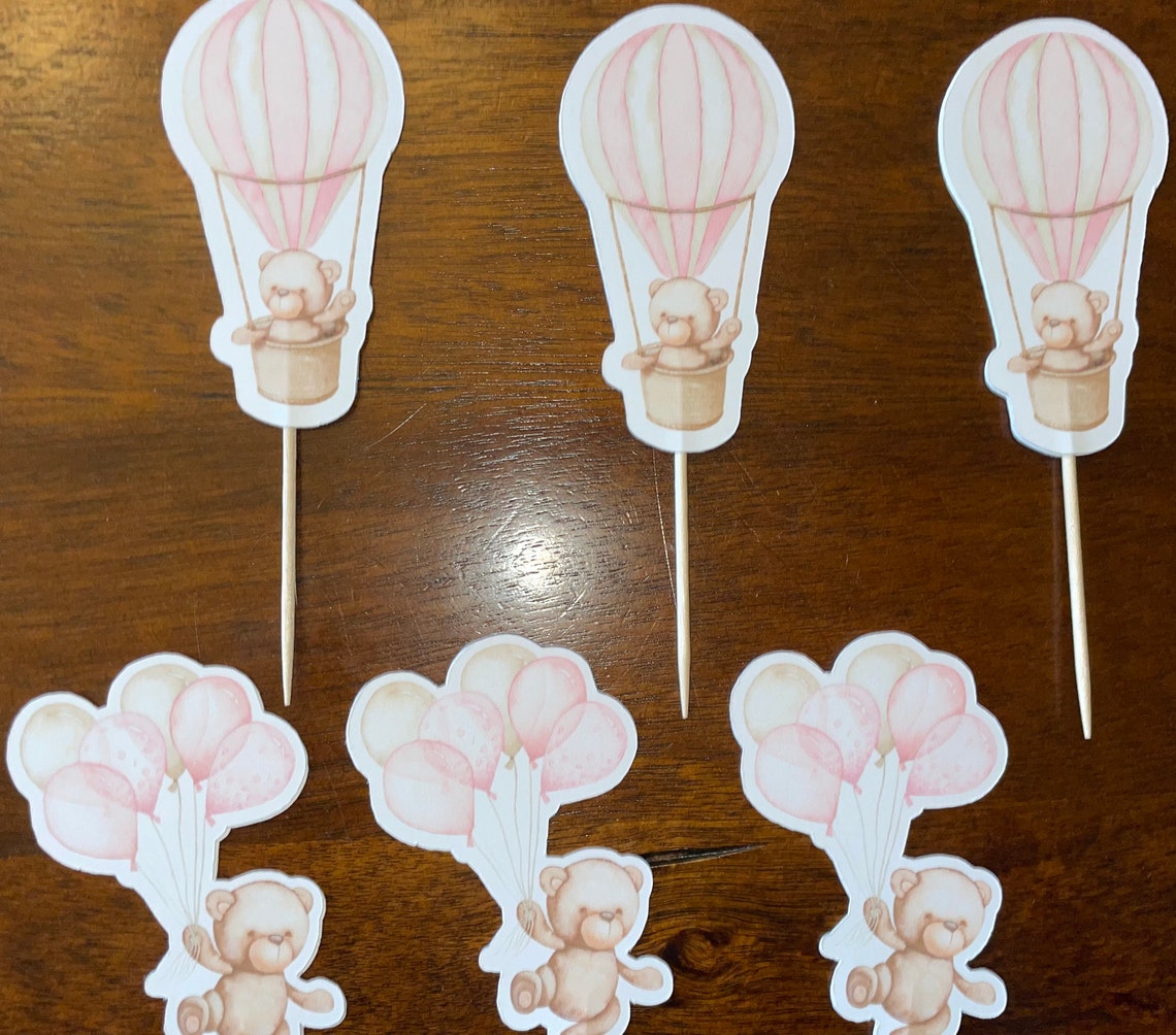 Teddy Bear Baby Shower Cupcake Toppers, Bear Balloon Themed Baby Shower ...