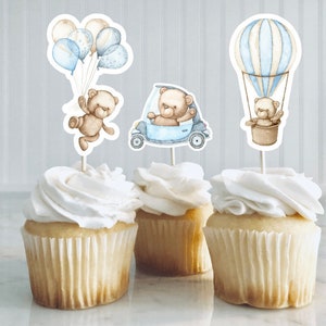Blue Teddy Bear Baby Shower Cupcake Toppers Bear Balloon - Etsy