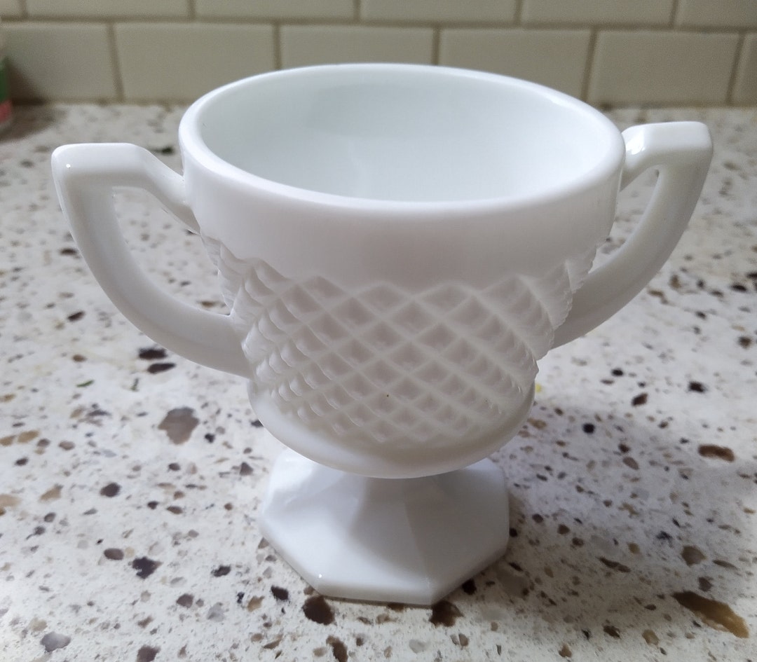 White Milk Glass Diamond Pattern Footed Sugar Bowl - Etsy