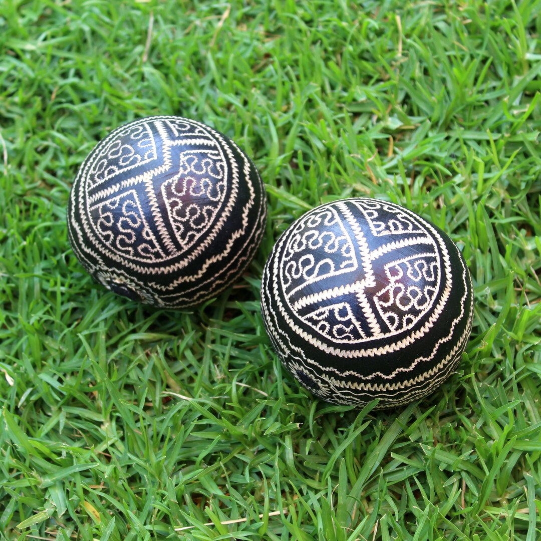 Set of 2 Ceremonial Shipibo Round Shakers KENÉ PATTERN Medium Size Made ...