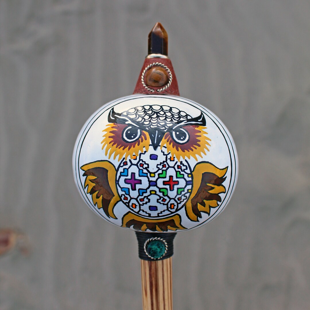 Hand-painted Owl Design Maraca Tiger Eye Peruvian Turquoise Handle Part ...