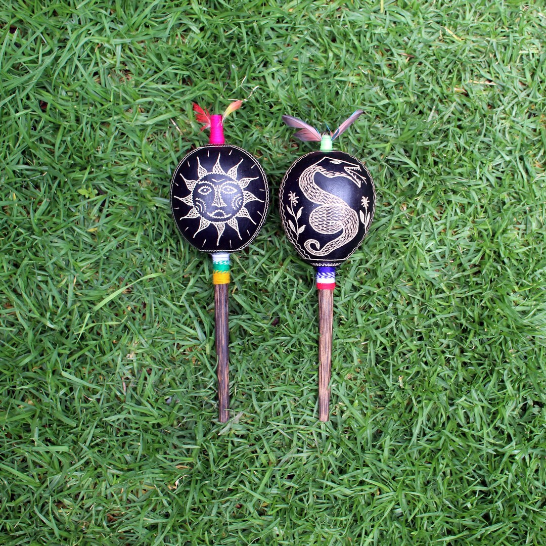 Set of BIG Unique Ceremonial Shipibo Rattles SUNMOON & SNAKE Handle ...