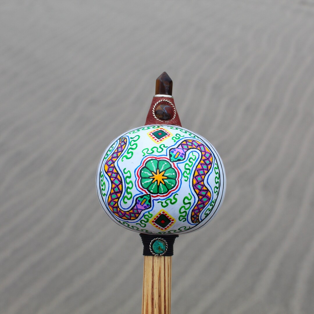 Hand-painted Snakes & Peyote Design Maraca | Tiger Eye + Peruvian ...