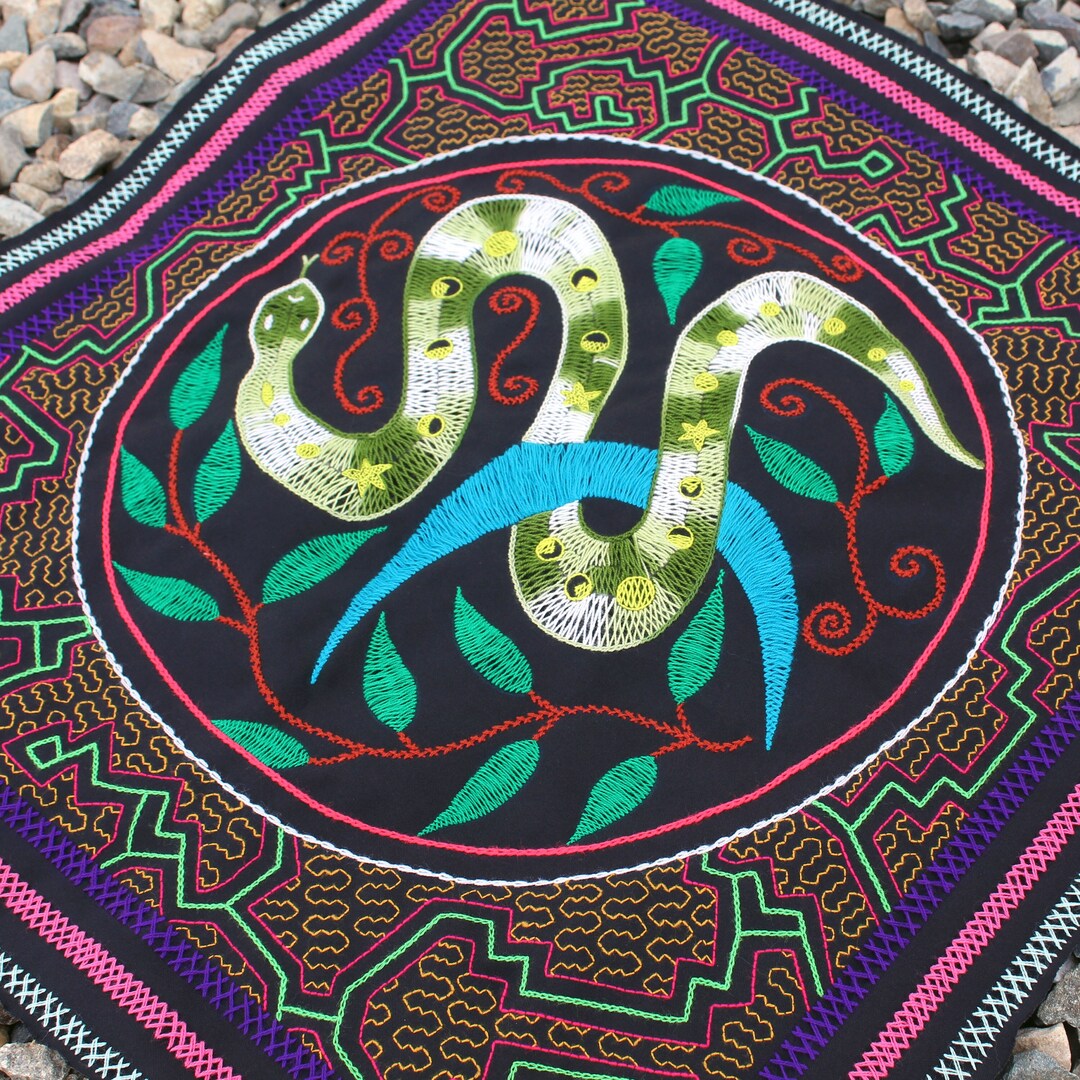 Snake, Waning Crescent, Chakruna & Kené Pattern Shipibo Handmade ...