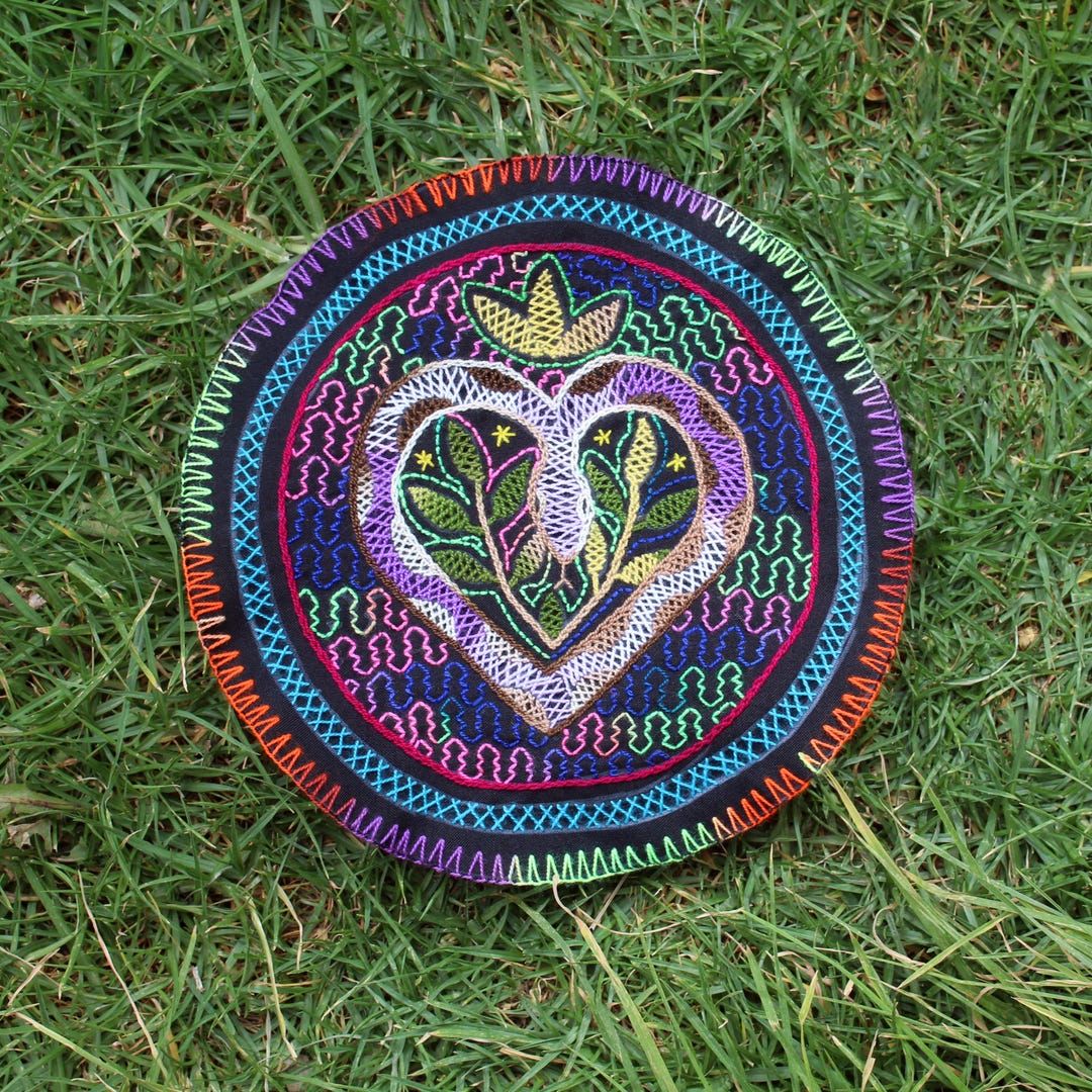 Heart-shaped Snake & Kené Pattern Shipibo Embroidery Altar Patch Made ...