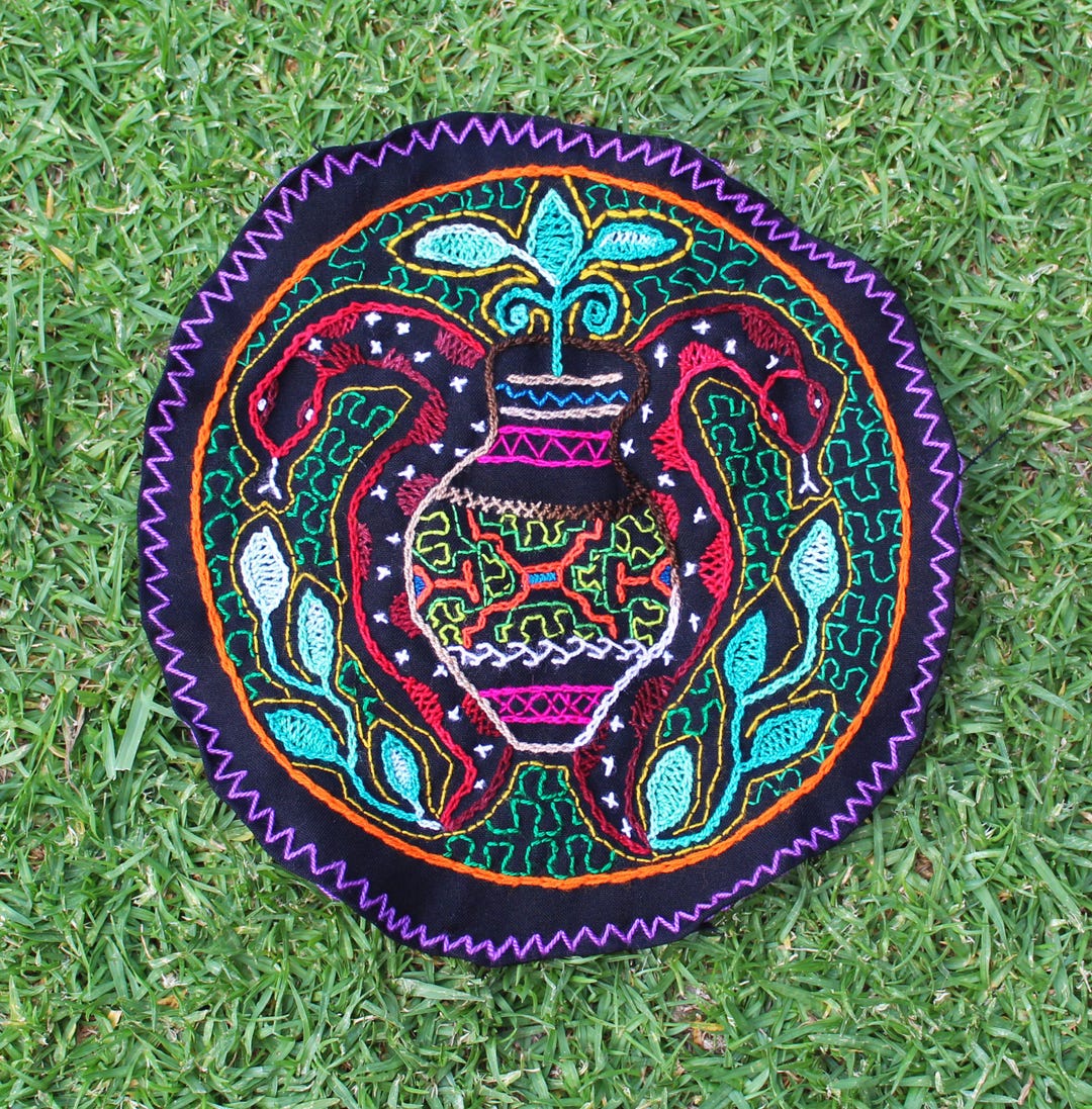 Duality Snake W/ Vessel & Chakruna Pattern Shipibo Embroidery | Altar ...