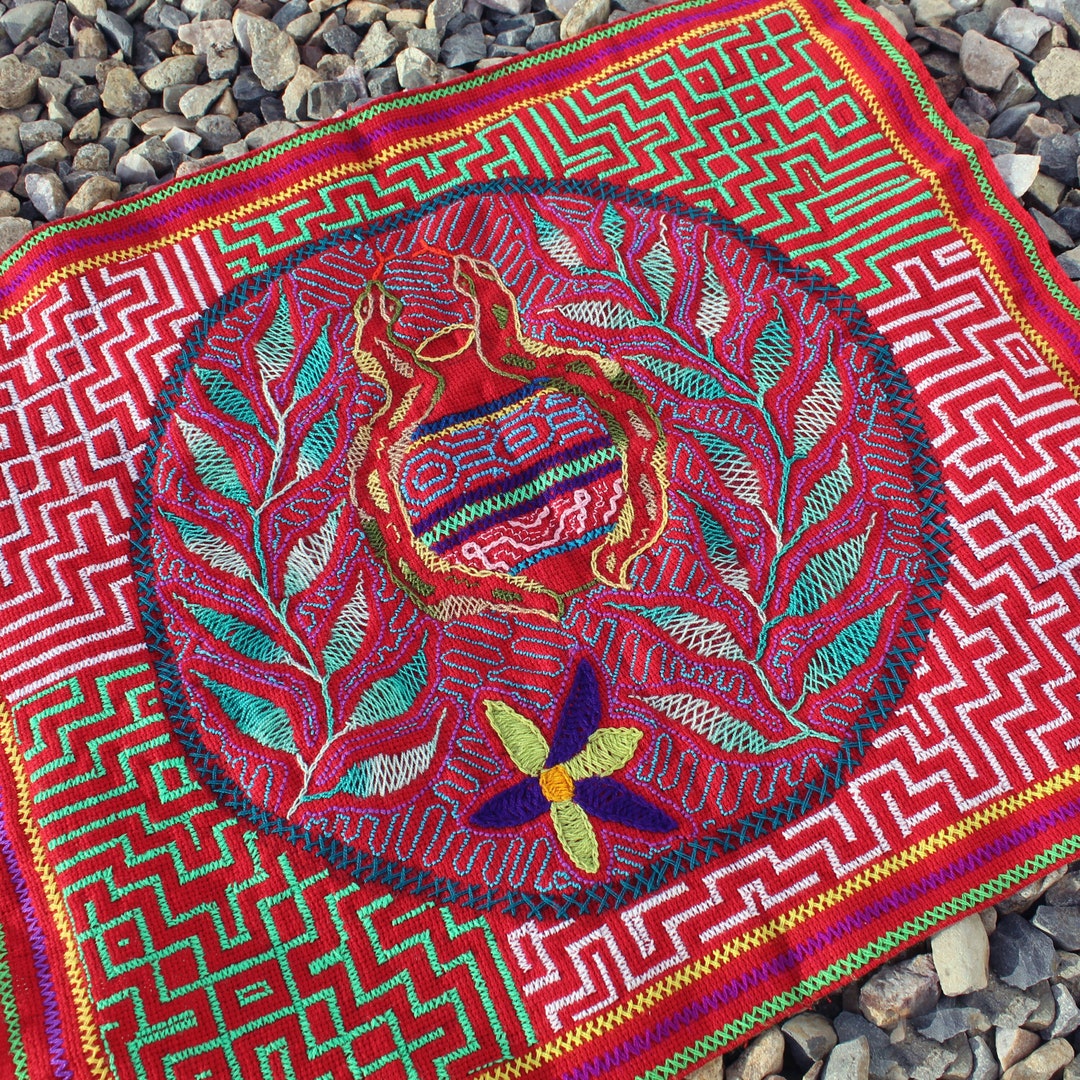Snakes, Chakruna & Kené Pattern Shipibo Handmade Embroidery Ceremonial ...
