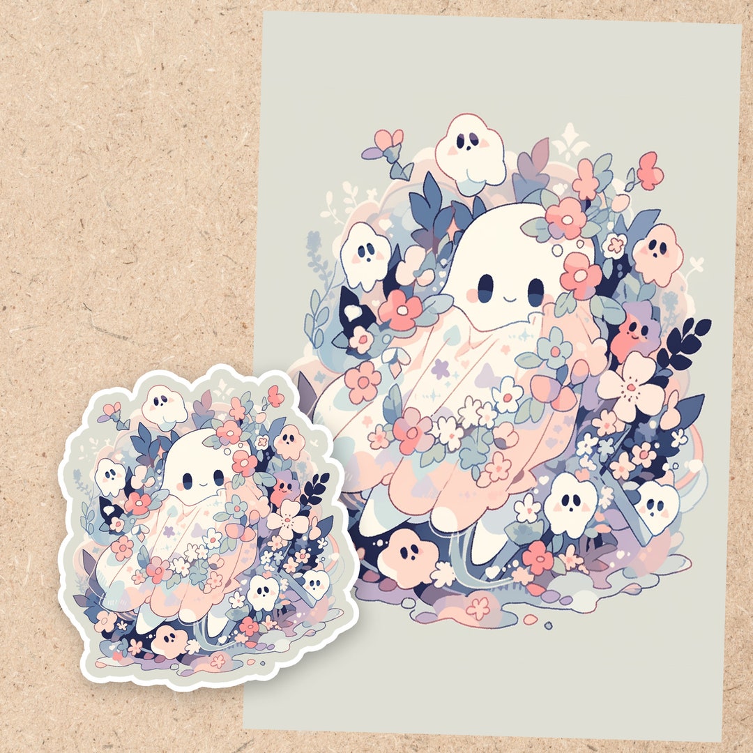 Vinyl Sticker or 4x6 Print Kawaii Ghost in Flowers Laptop Waterproof ...