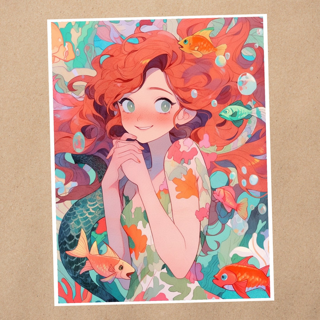 4 X 6 Art Print | Sweet Mermaid, Ocean Fantasy, Underwater Art | Kawaii ...