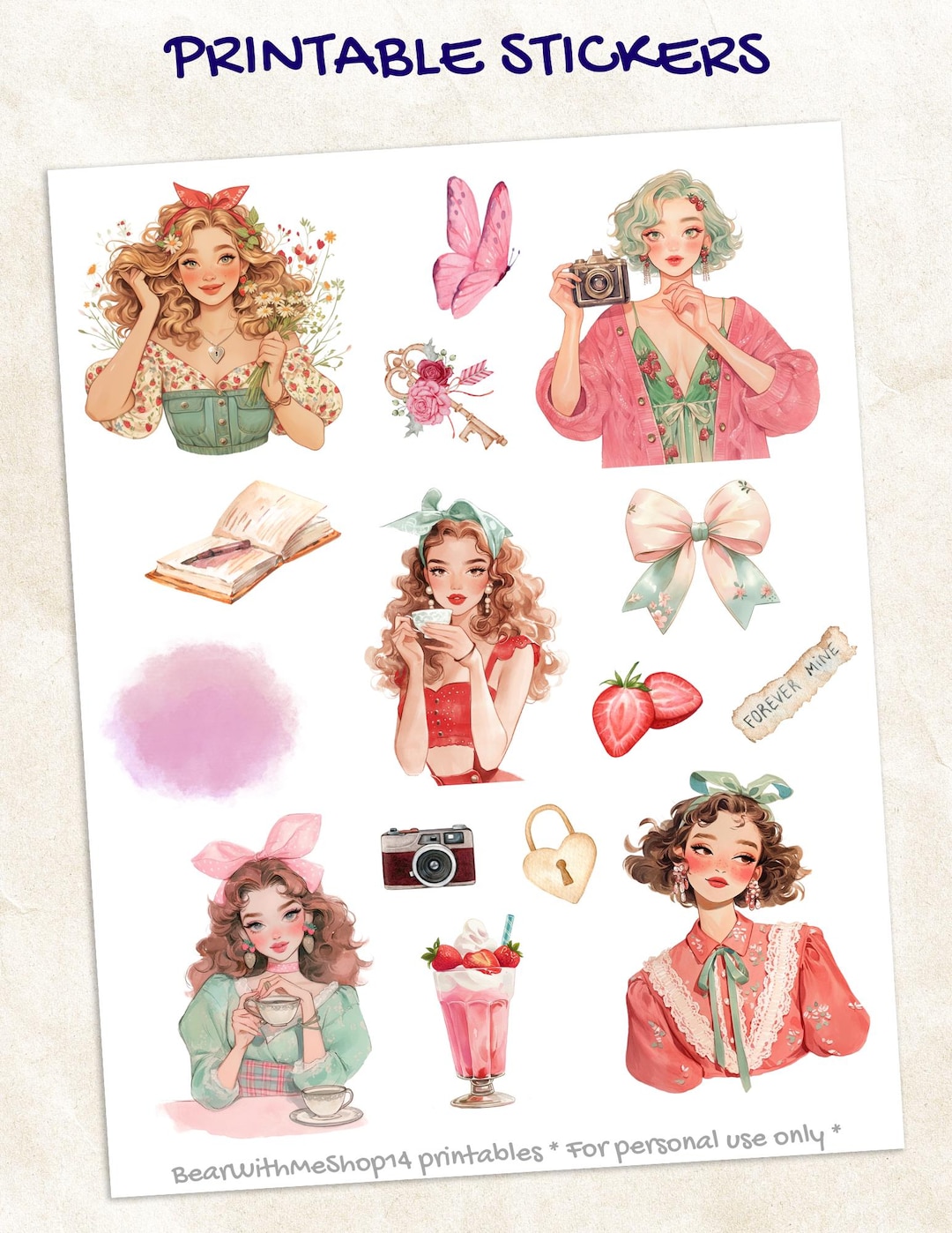 Printable Planner and Scrapbook Stickers | Paper Dolls, Watercolor Pink ...