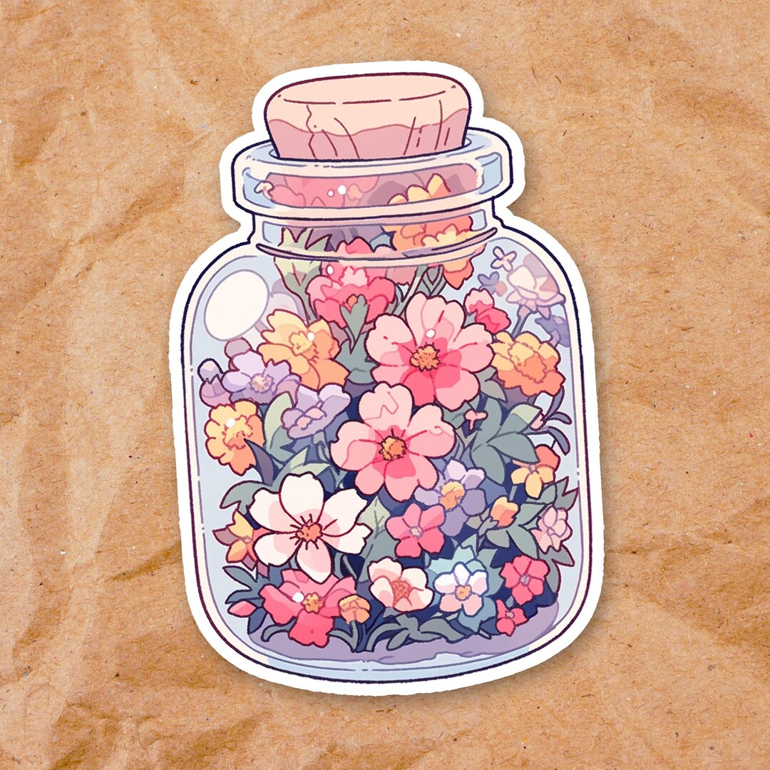 Kawaii Glass Jar World Vinyl Sticker | Adorable Pastel Floral Laptop ...