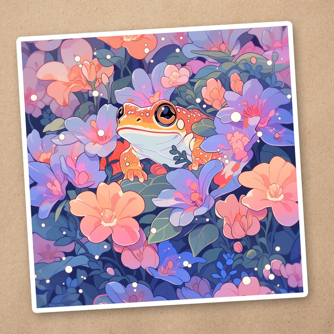 Kawaii Frog Vinyl Sticker | Anime Frog in Flowers | Laptop Waterproof ...