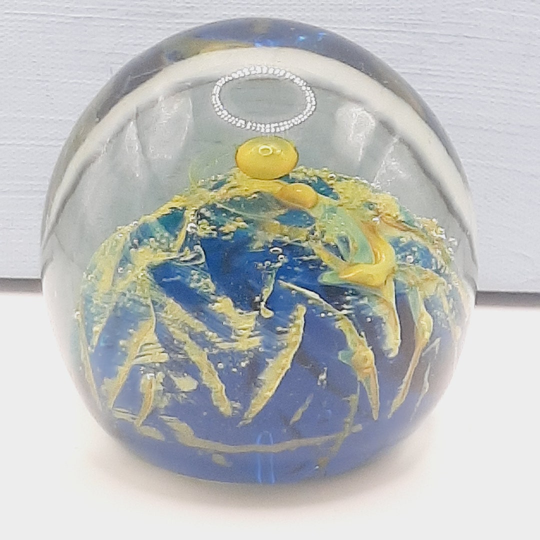 Vintage Glass Paperweight... Deep Teal-blue & Yellow... 'island Studio ...