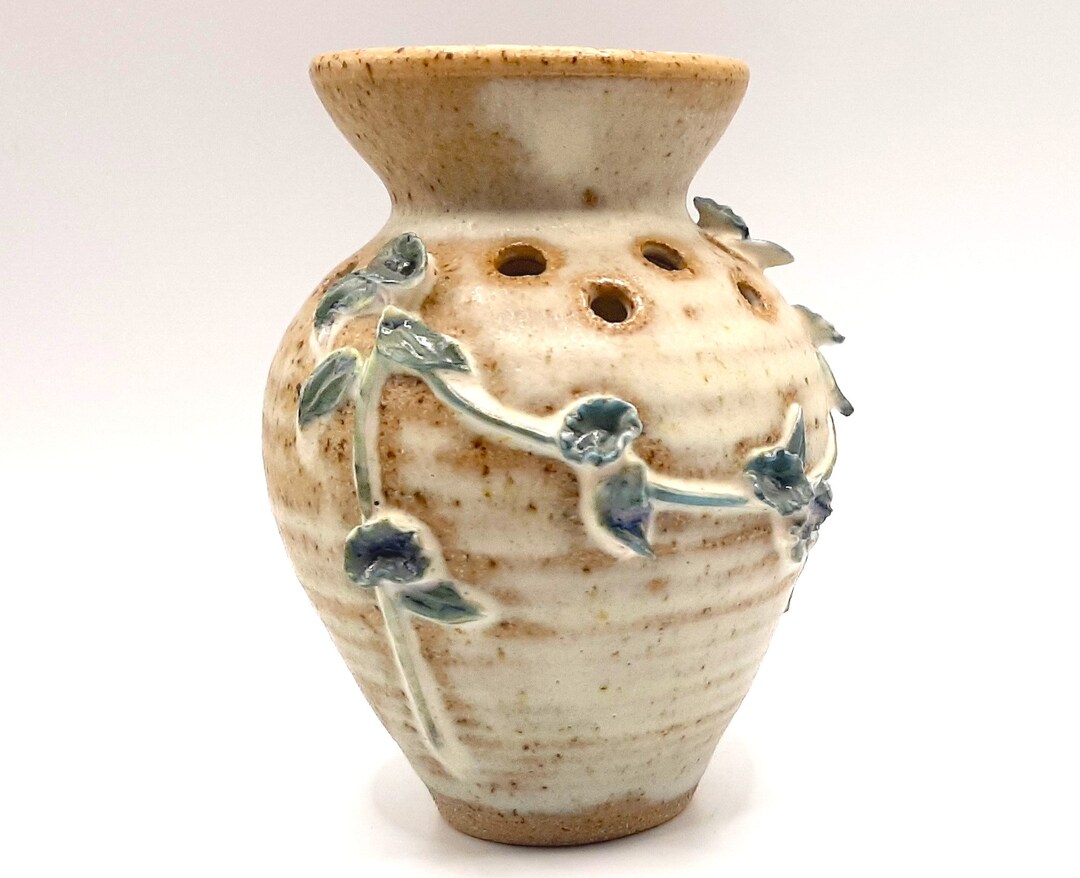 May Ward Stoneware Vase Signed Art Pottery... Little Blue-grey Flowers ...