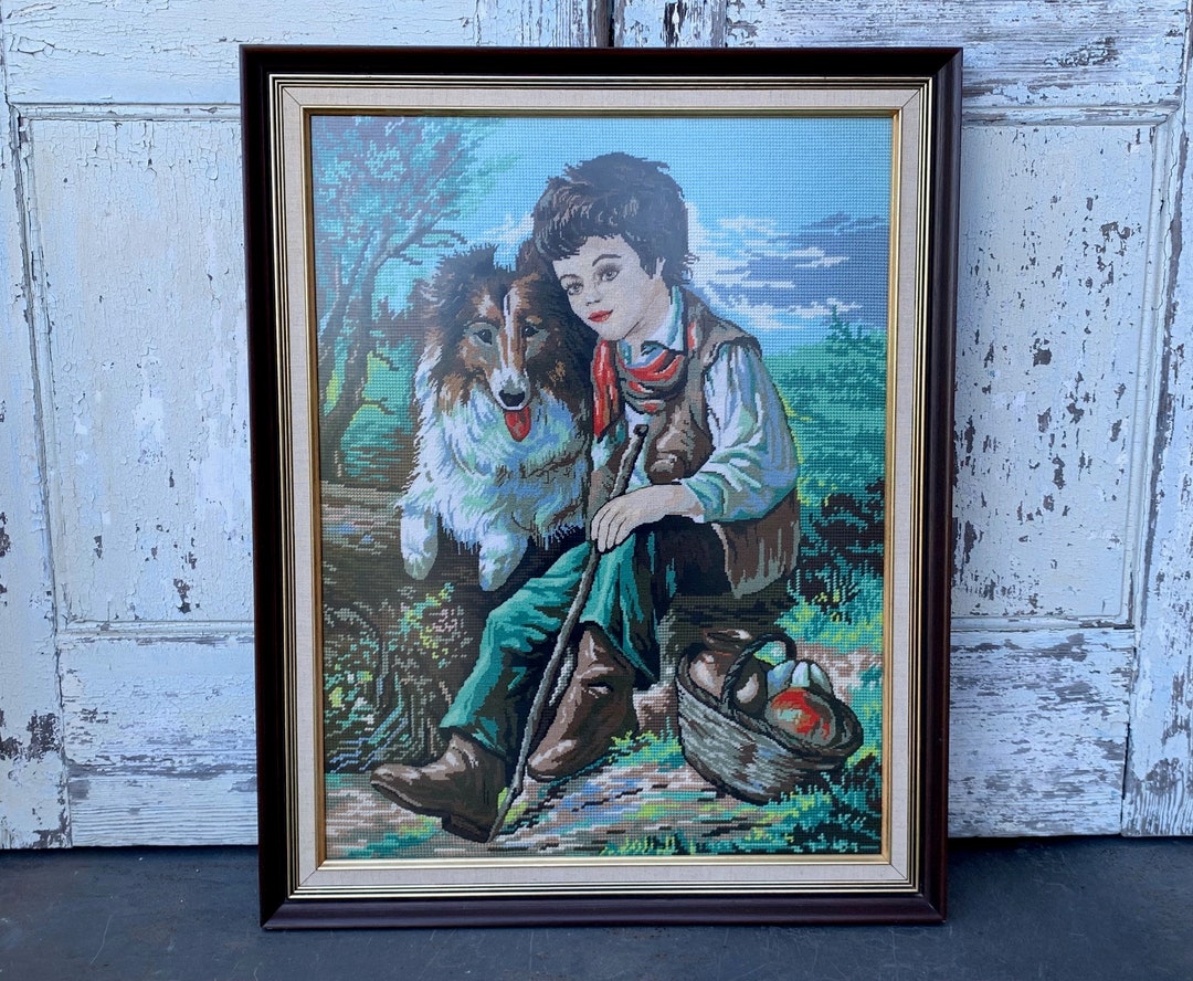 1970s Shepherd Boy and Collie Dog Tapestry / Xlarge 74cm X 59cm ...