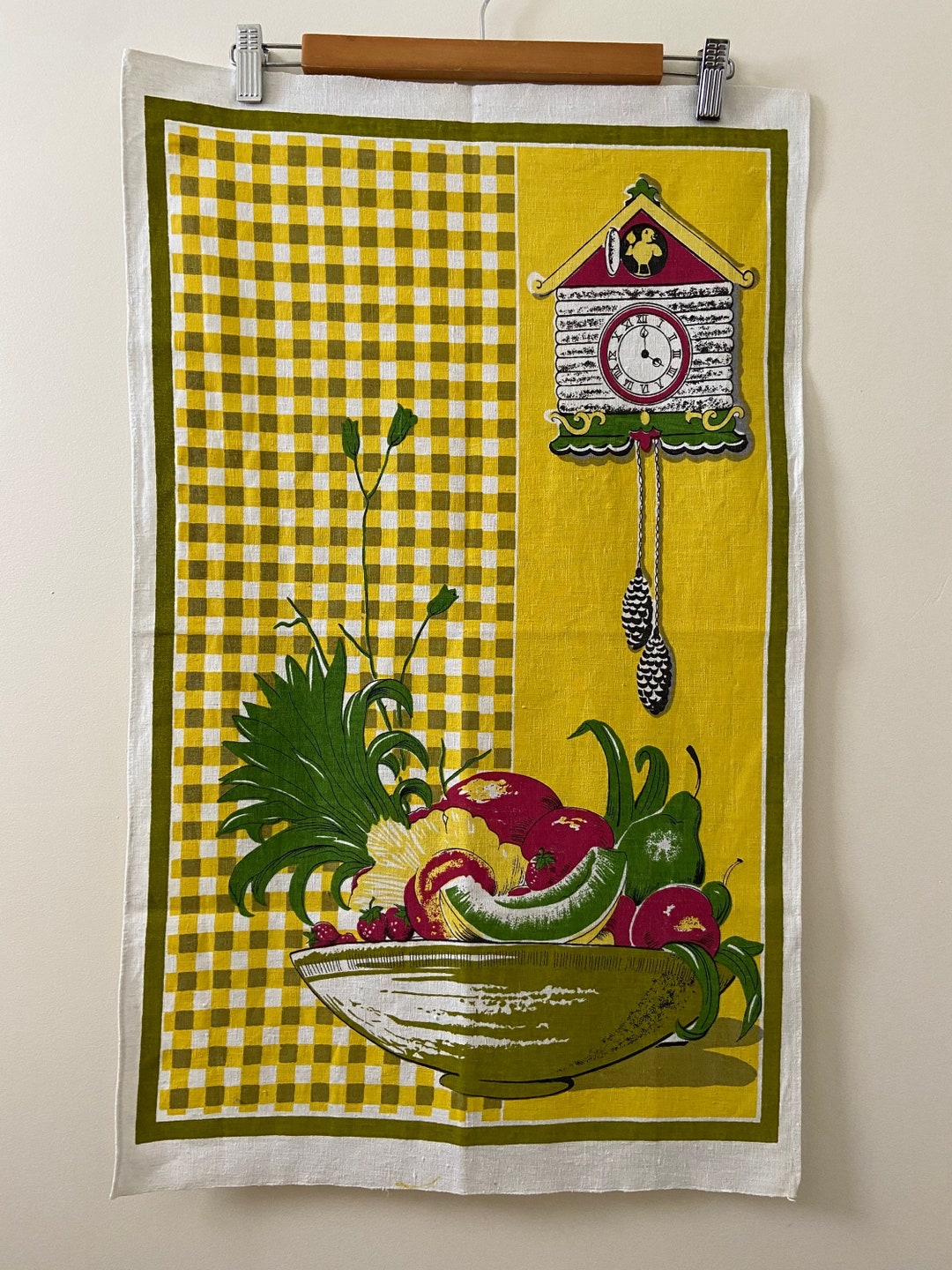 Vintage Cuckoo Clock Still Life Kitchen Tea Towel / Linen - Vibrant ...