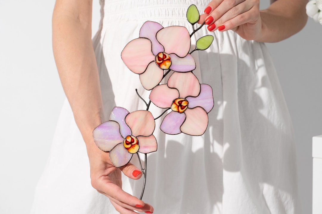 Stained Glass Orchid Flower Wall Hanging Orchid Blooms on the Stem Wall ...