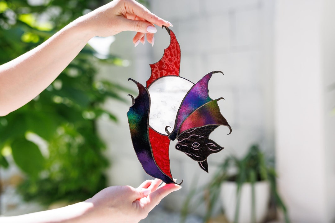 Gothic Bat and Moon Wall Hanging Iridescent Stained Glass Bat Decor ...