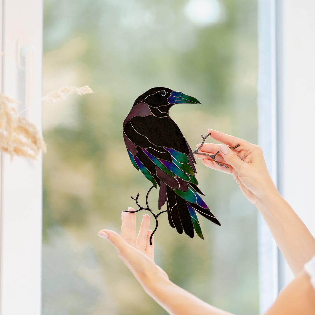 Stained Glass Raven Wall Decor Gothic Bird Window Hanging Decor ...